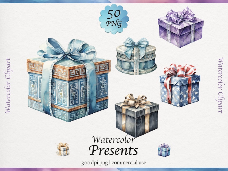 50 Watercolor Presents Clipart, Gift Box, Festive Wrapping, Wedding ...