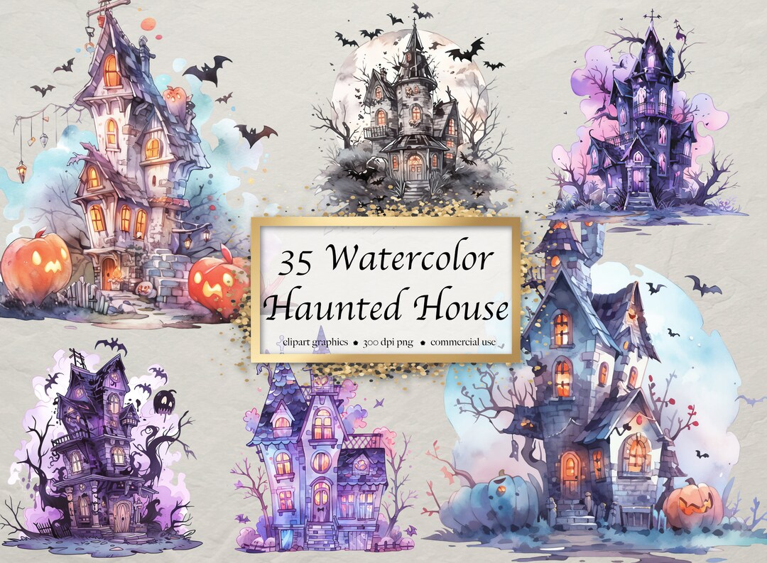Watercolor Haunted House Clipart Bundle of 35, Spooky, Manor, Halloween ...