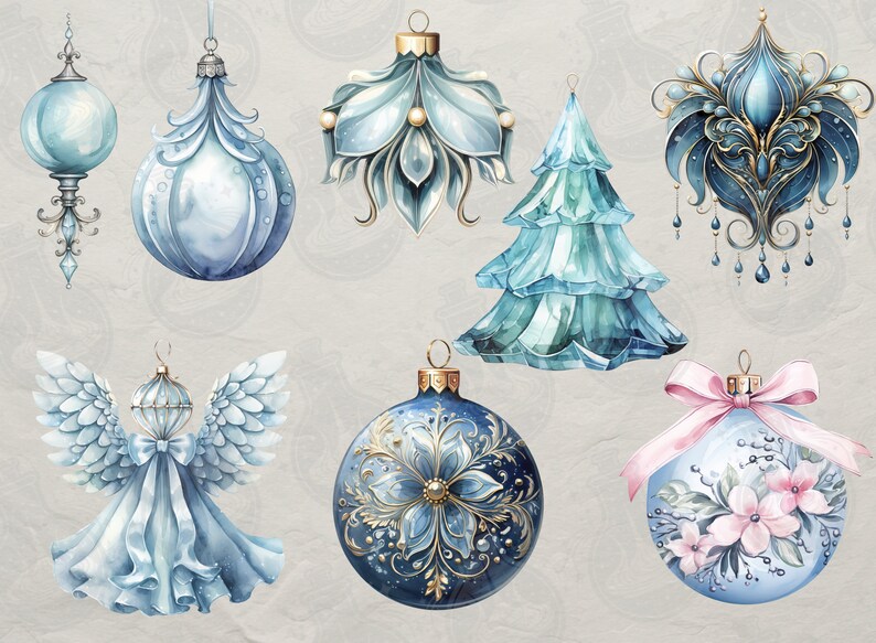 40 Watercolor Blue Christmas Tree Ornaments Clipart, Elegant Holiday ...