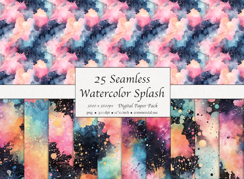 25 Seamless Watercolor Splash Pattern, Digital Paper Pack, Dark ...