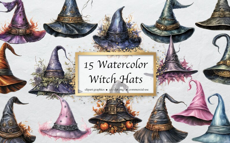 Watercolor Witch Hats Clipart Bundle of 15, Halloween, Witches, High ...