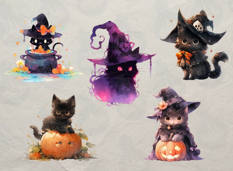 Watercolor Black Cat Halloween Clipart Bundle of 20, Witch Cat, Witch ...