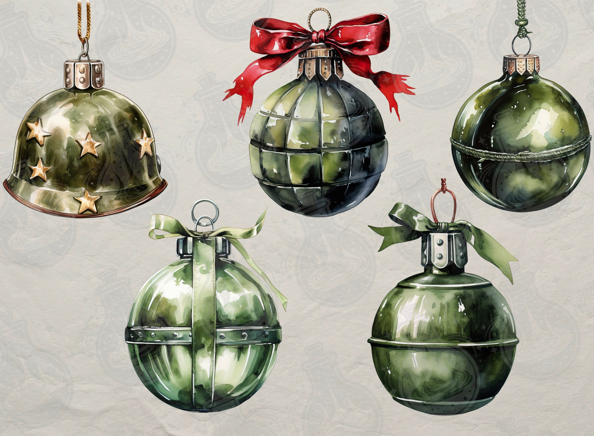 20 Watercolor Military Christmas Tree Ornaments Clipart, Holiday Bauble ...
