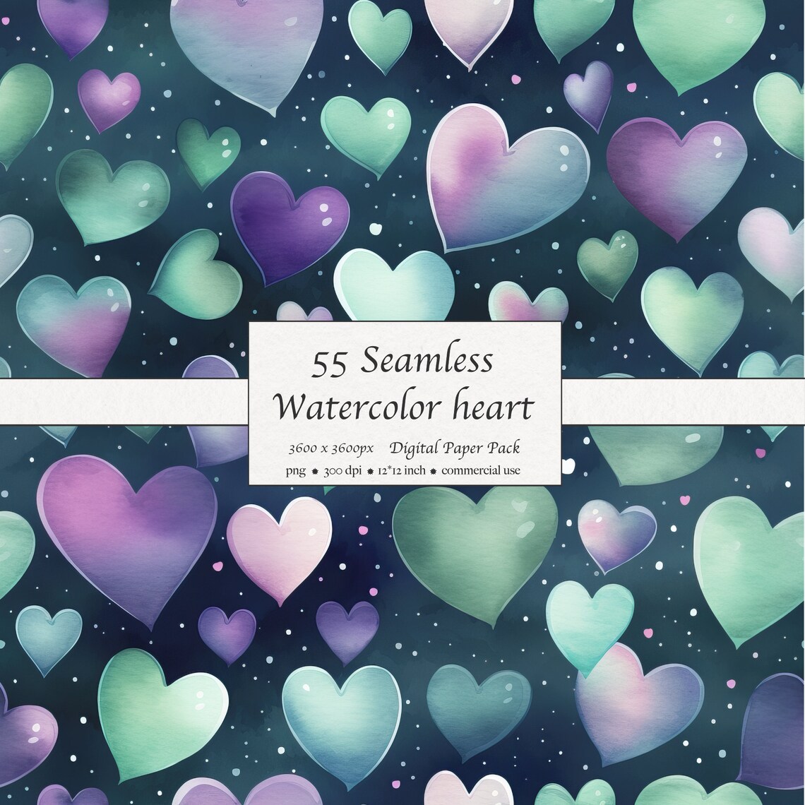 55 Seamless Watercolor Heart Pattern, Digital Paper Pack, Dark, Love ...