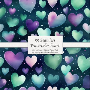 55 Seamless Watercolor Heart Pattern, Digital Paper Pack, Dark, Love ...