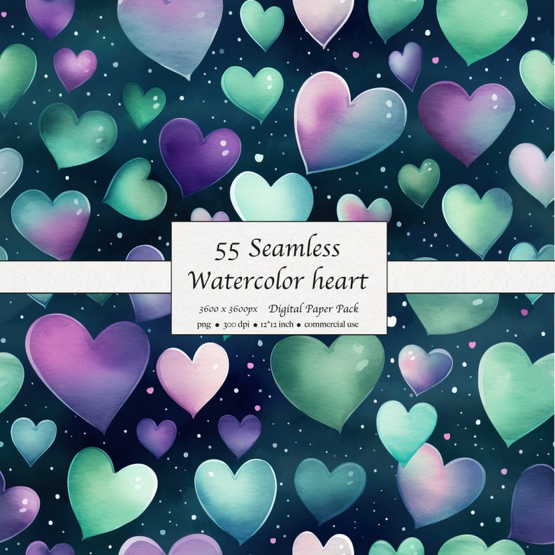 55 Seamless Watercolor Heart Pattern, Digital Paper Pack, Dark, Love ...