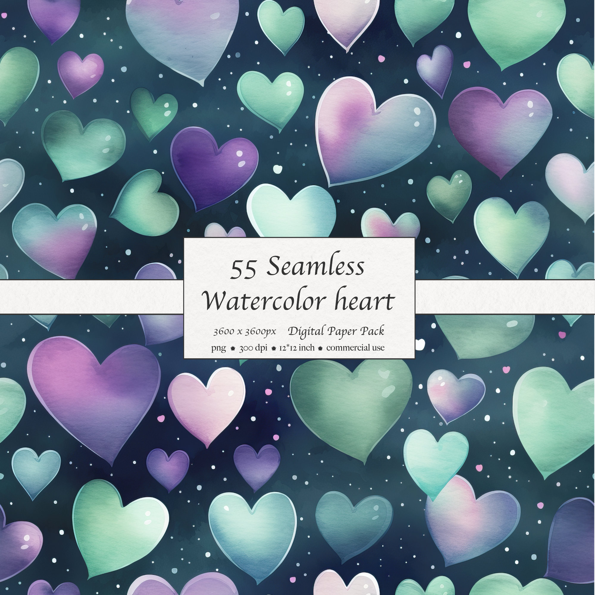 55 Seamless Watercolor Heart Pattern, Digital Paper Pack, Dark, Love ...