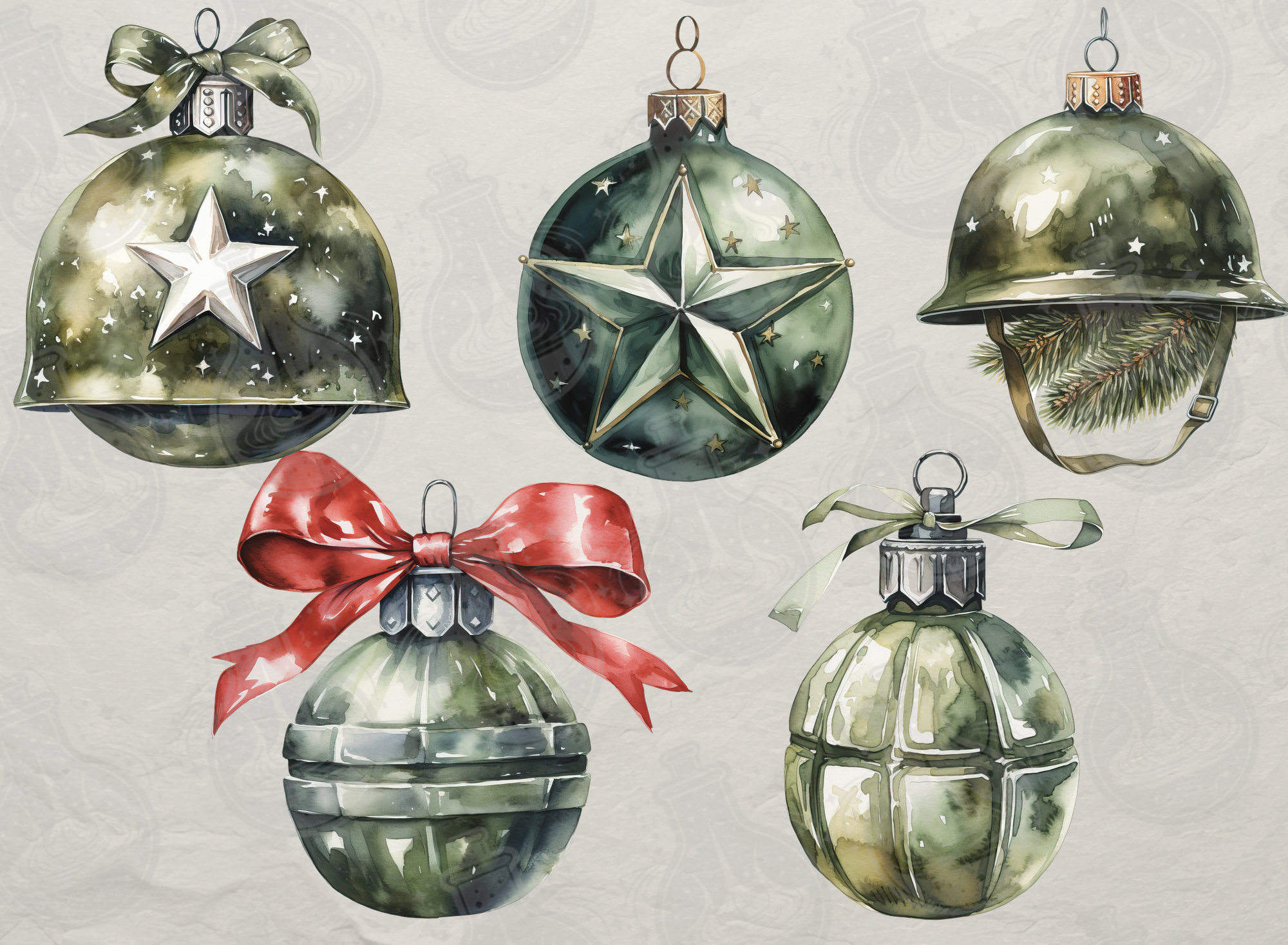 20 Watercolor Military Christmas Tree Ornaments Clipart, Holiday Bauble ...