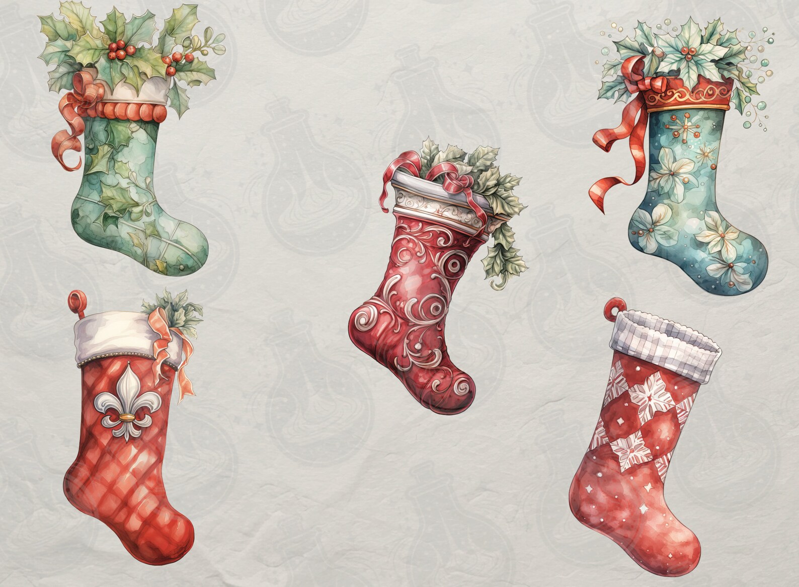 30 Watercolor Christmas Stocking Clipart, Elegant Holiday, Christmas ...