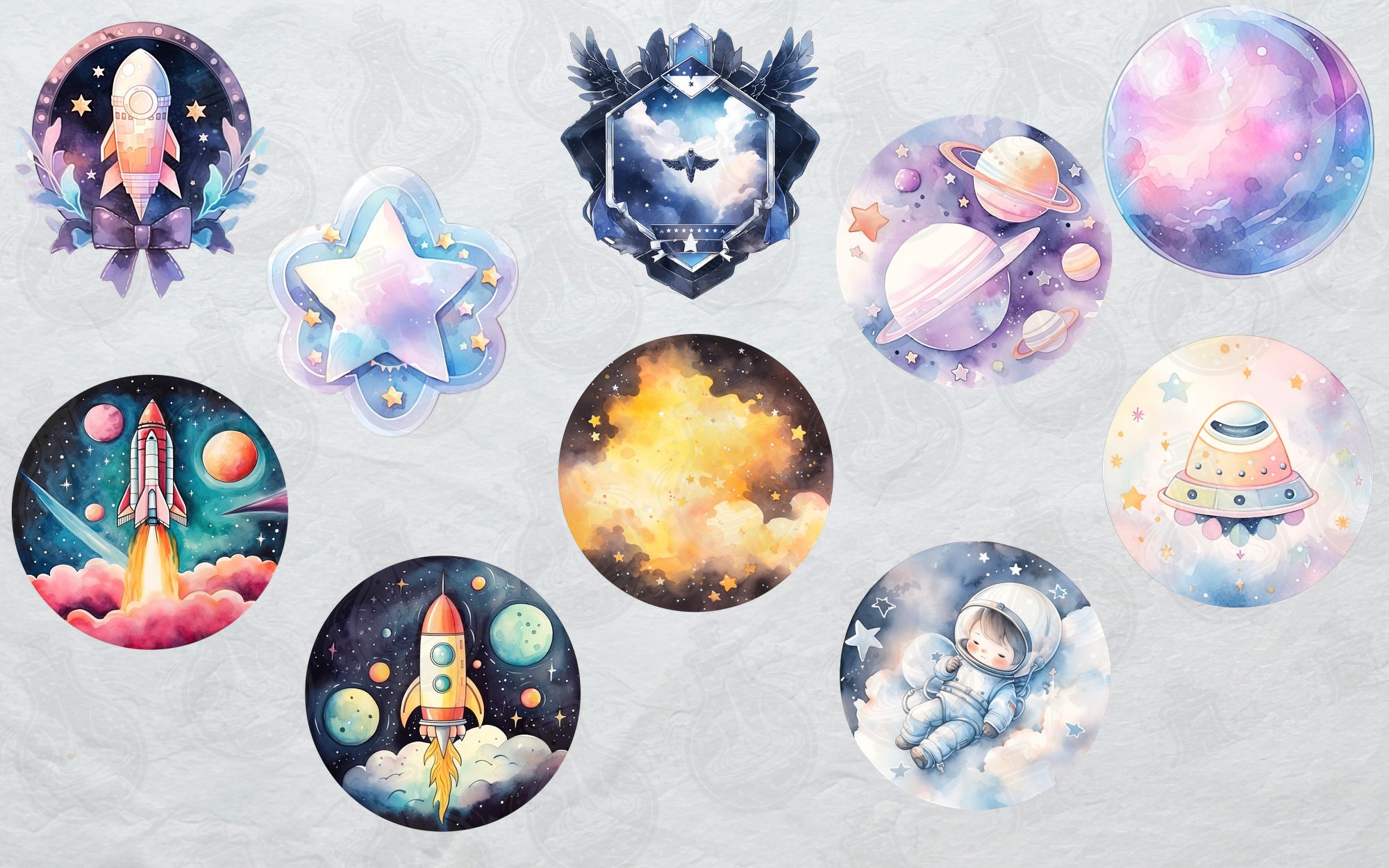 50 Watercolor Space Badges Clipart Patch Rocket Spaceship Planet ...