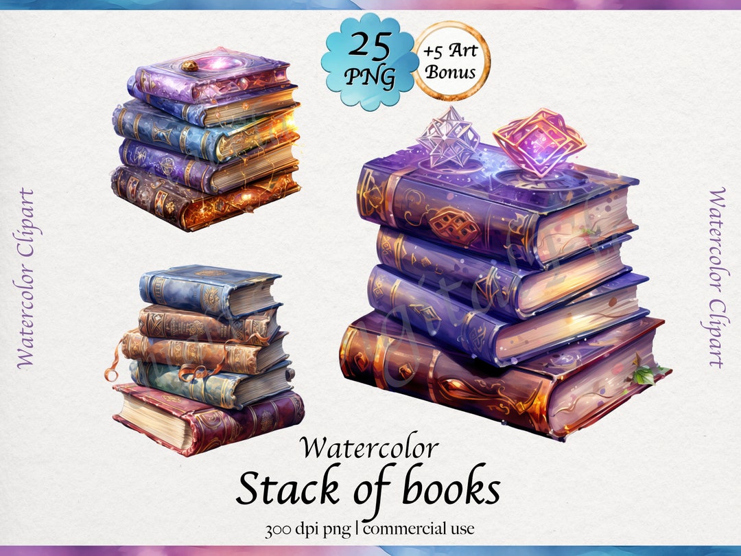 Watercolor Stack of Books Clipart Bundle of 25, Card Making, Paper ...