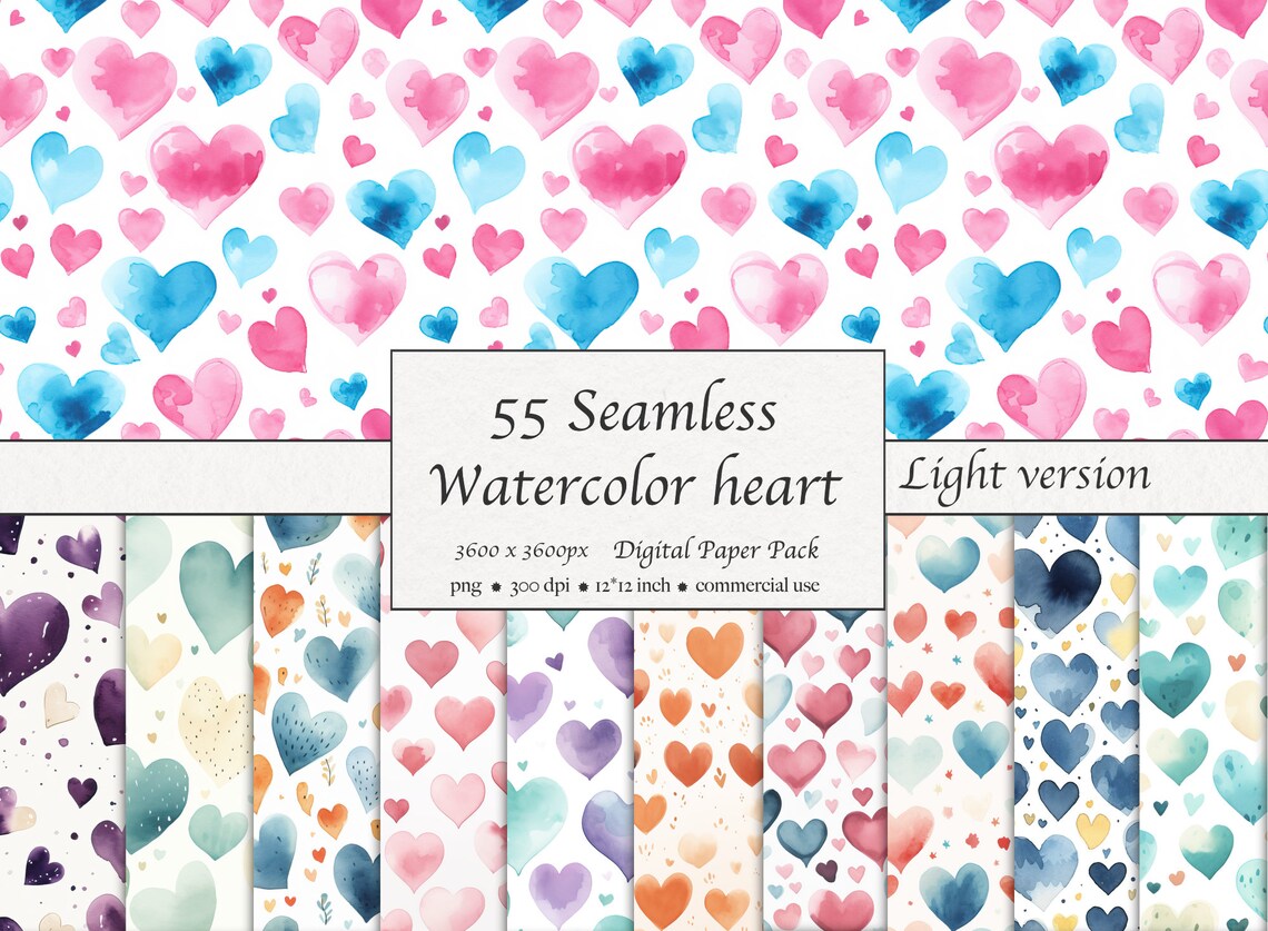 55 Seamless Watercolor Heart Pattern, Digital Paper Pack, Light, Love ...