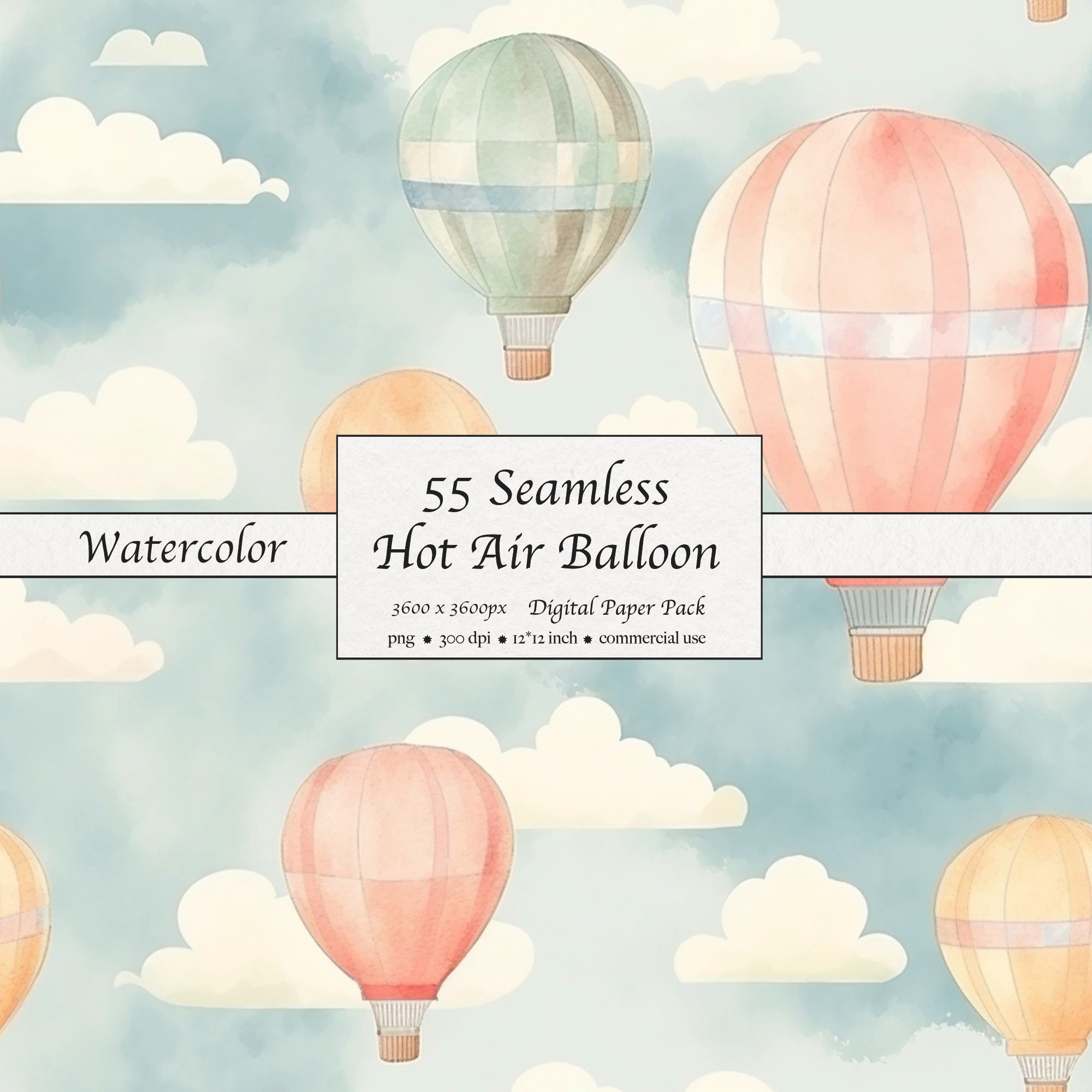 55 Seamless Watercolor Hot Air Balloon Pattern, Digital Paper Pack ...