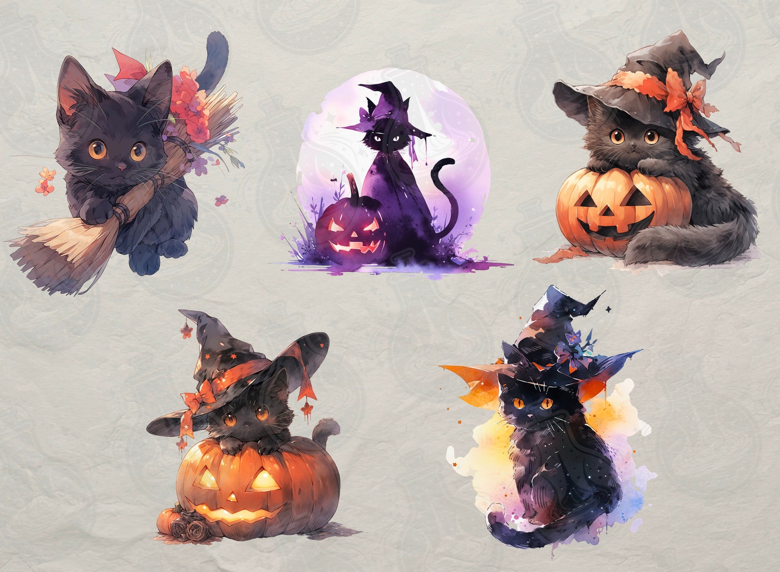 Watercolor Black Cat Halloween Clipart Bundle of 20, Witch Cat, Witch ...