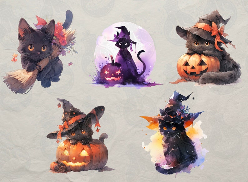 Watercolor Black Cat Halloween Clipart Bundle of 20, Witch Cat, Witch ...