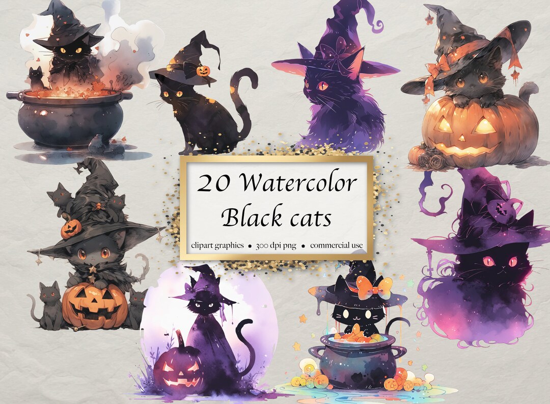 Watercolor Black Cat Halloween Clipart Bundle of 20, Witch Cat, Witch ...