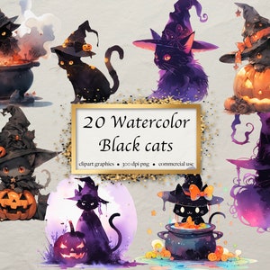 Watercolor Black Cat Halloween Clipart Bundle of 20, Witch Cat, Witch ...