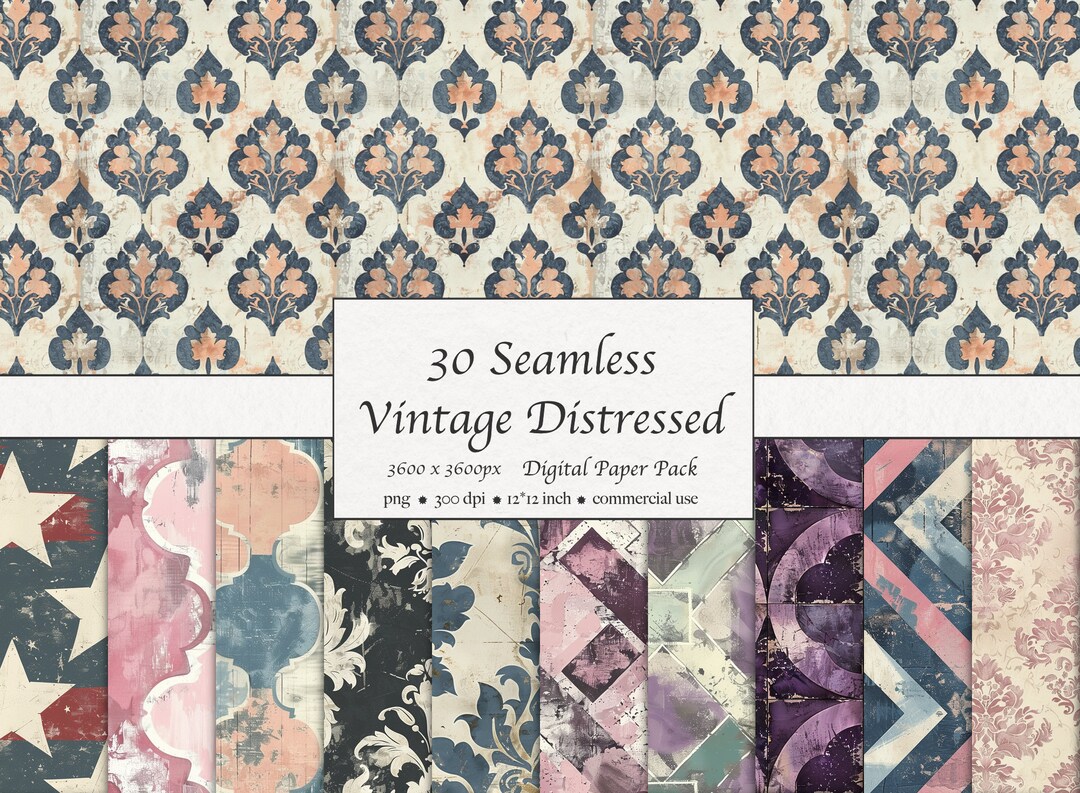 30 Seamless Distressed Vintage Pattern, Digital Paper Pack, Texture ...