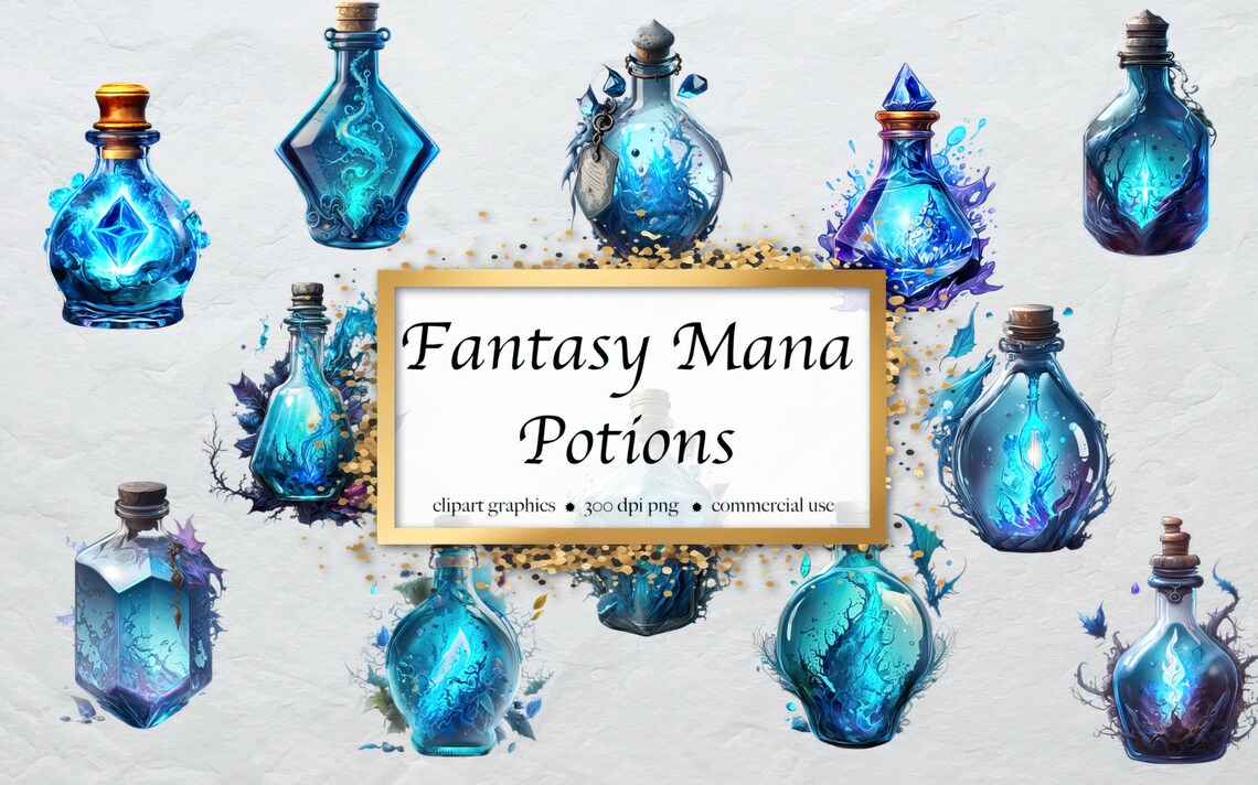 12 Fantasy Mana Potion Clipart, Blue, Icy, Mana, Vibrant, Magic Potions ...