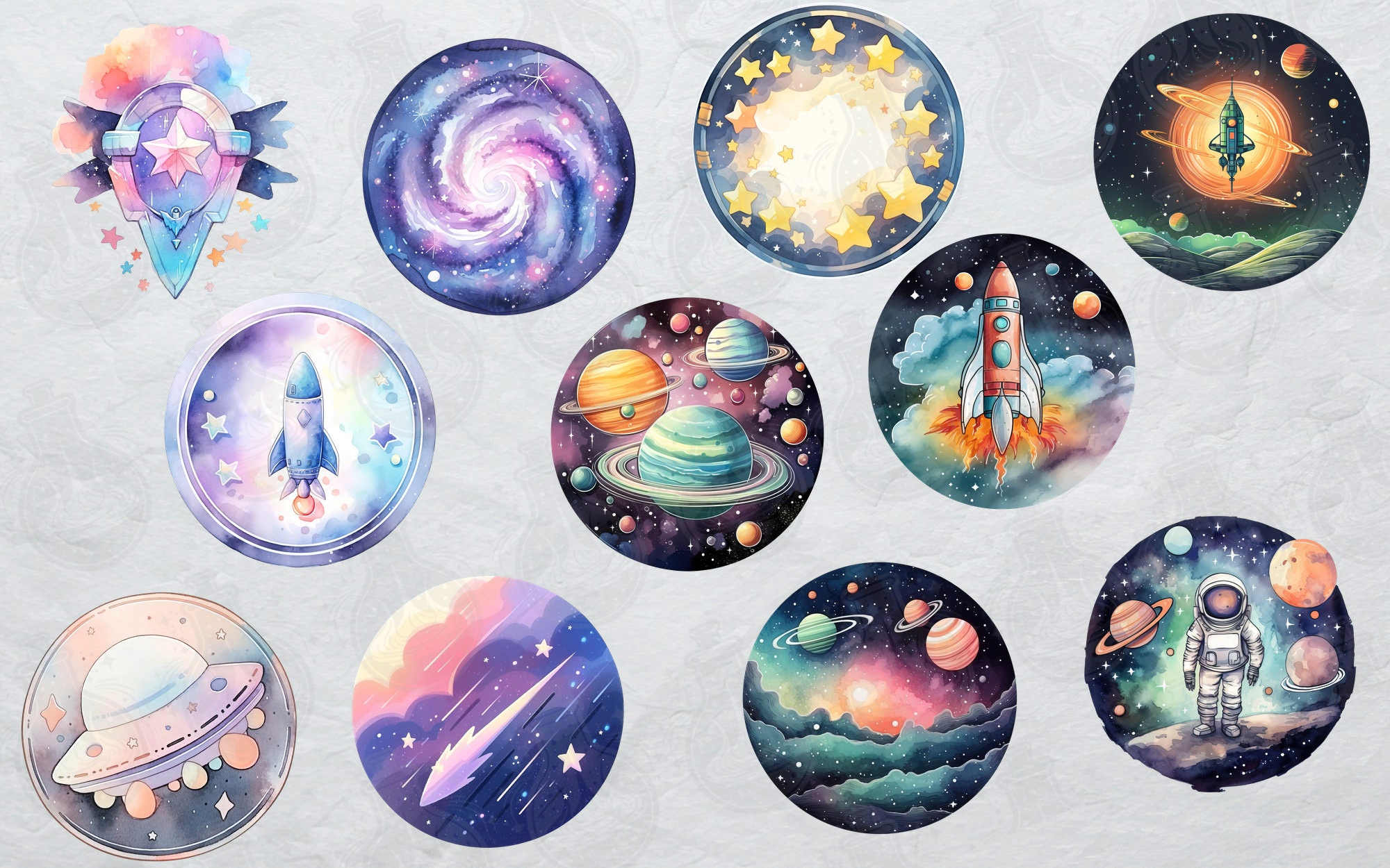 50 Watercolor Space Badges Clipart Patch Rocket Spaceship Planet ...