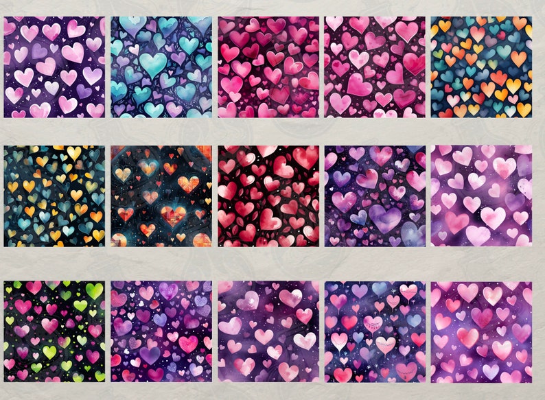 55 Seamless Watercolor Heart Pattern, Digital Paper Pack, Dark, Love ...