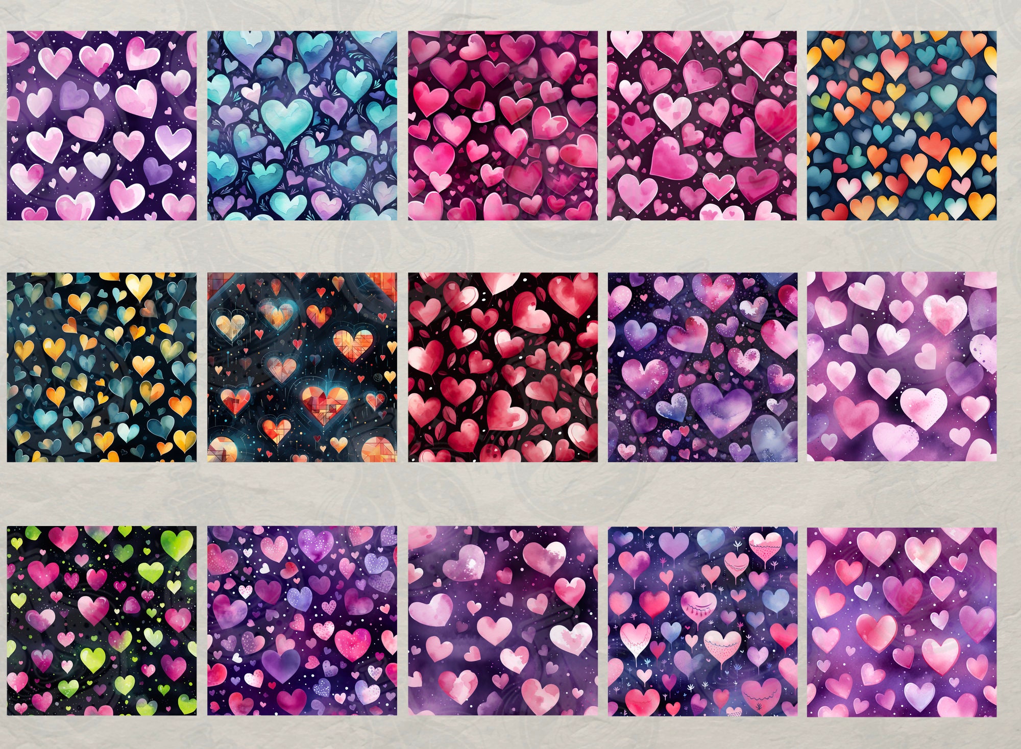 55 Seamless Watercolor Heart Pattern, Digital Paper Pack, Dark, Love ...