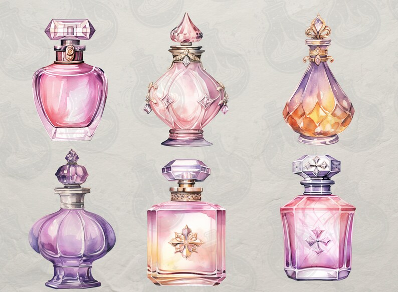 30 Watercolor Perfume Bottle Clipart, Victorian, Pink, Purple ...