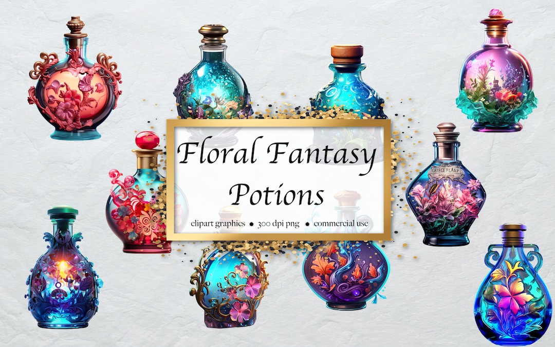 10 Floral Fantasy Potion Clipart, Floral, Vibrant, Magic Potions, PNG ...