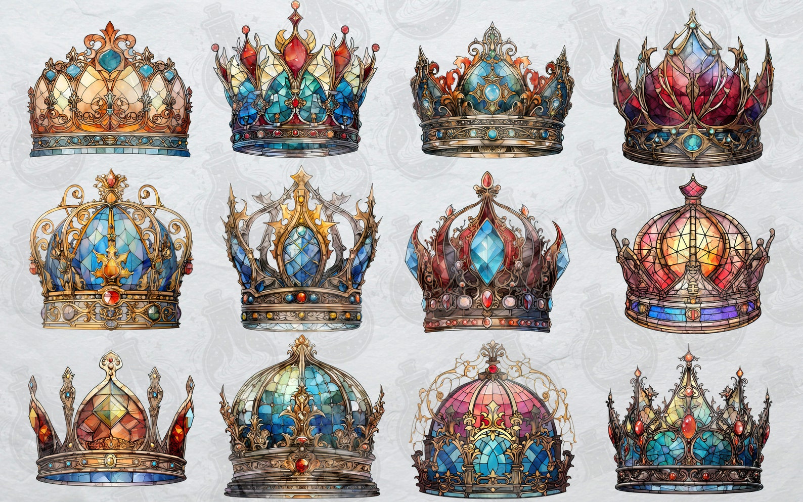 12 Stained Glass Crown Cliparts, Regal, Royal, Watercolored Line Art ...