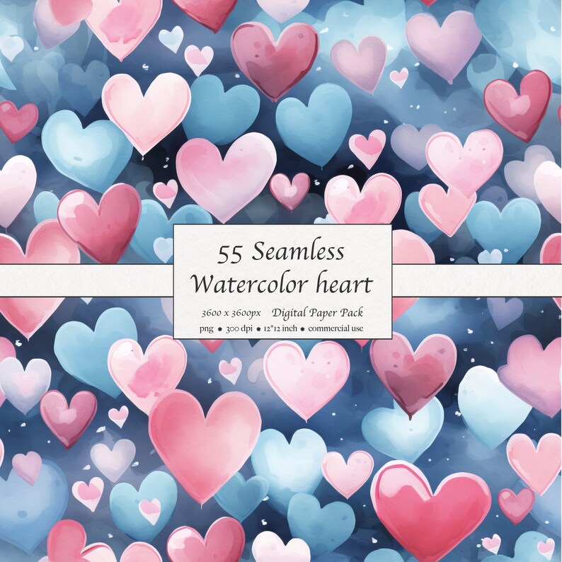 55 Seamless Watercolor Heart Pattern, Digital Paper Pack, Dark, Love ...
