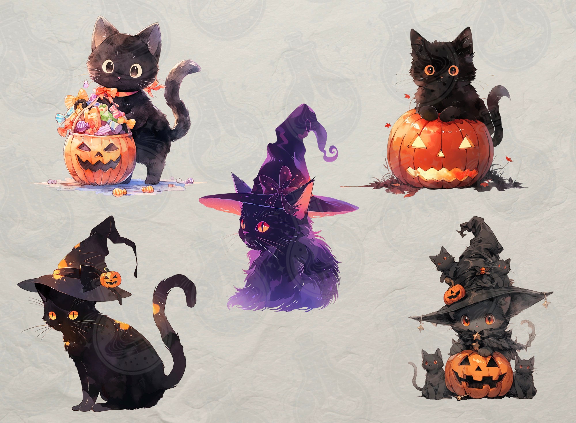 Watercolor Black Cat Halloween Clipart Bundle of 20, Witch Cat, Witch ...