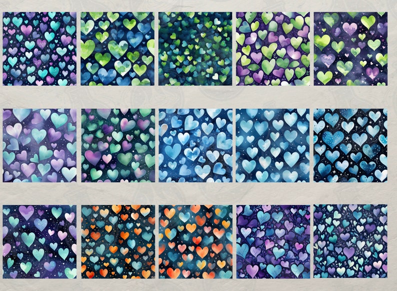 55 Seamless Watercolor Heart Pattern, Digital Paper Pack, Dark, Love ...