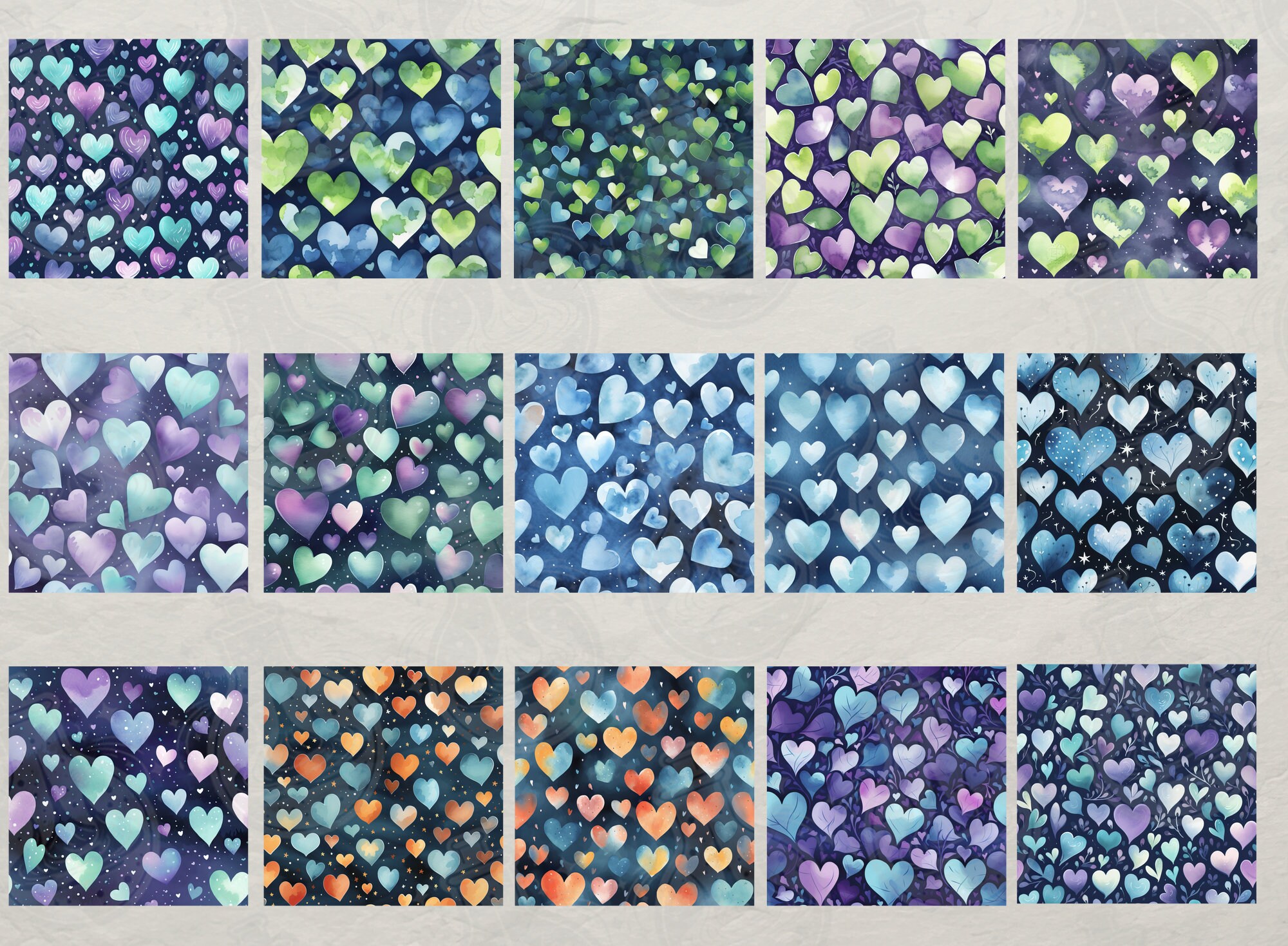 55 Seamless Watercolor Heart Pattern, Digital Paper Pack, Dark, Love ...