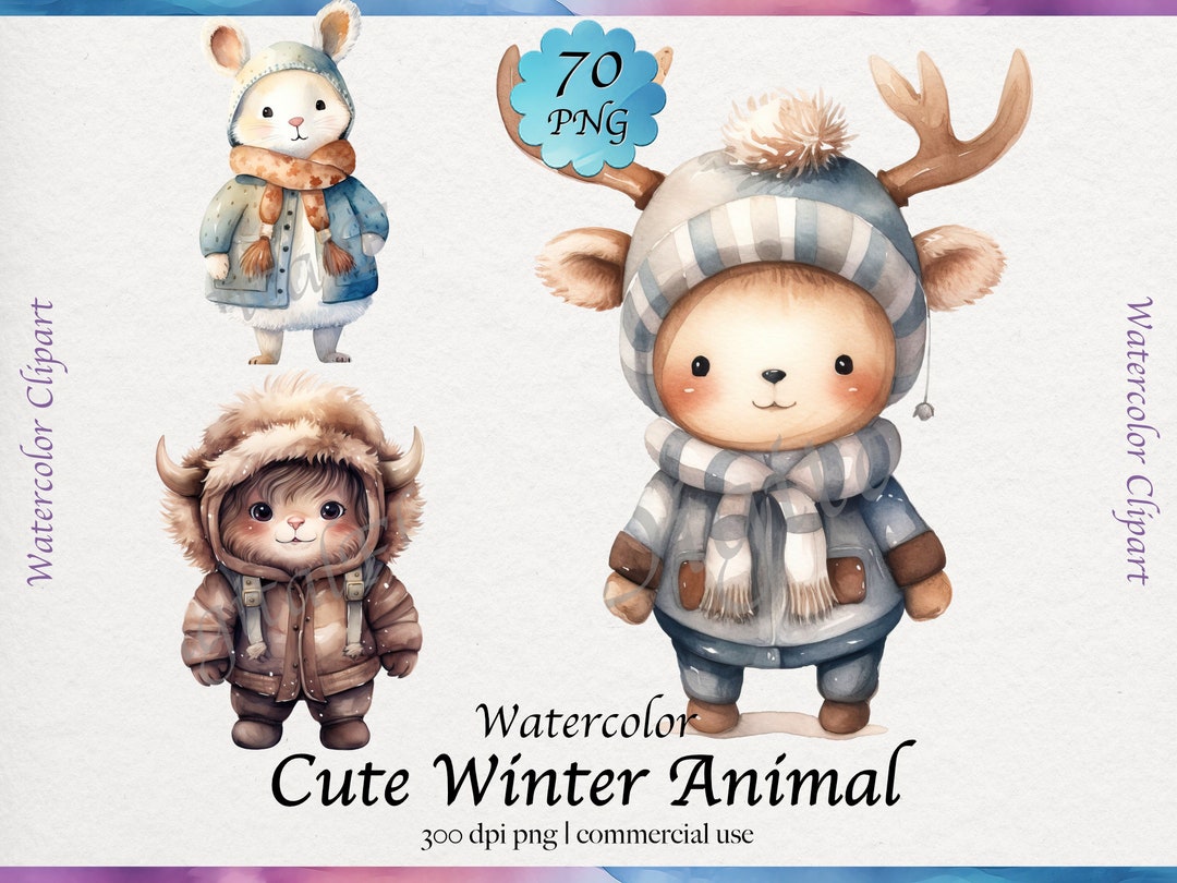 70 Watercolor Cute Winter Animal Clipart, Winter Wonderland, Holiday ...