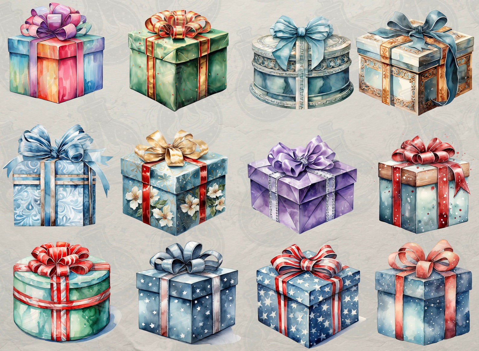 50 Watercolor Presents Clipart, Gift Box, Festive Wrapping, Wedding ...