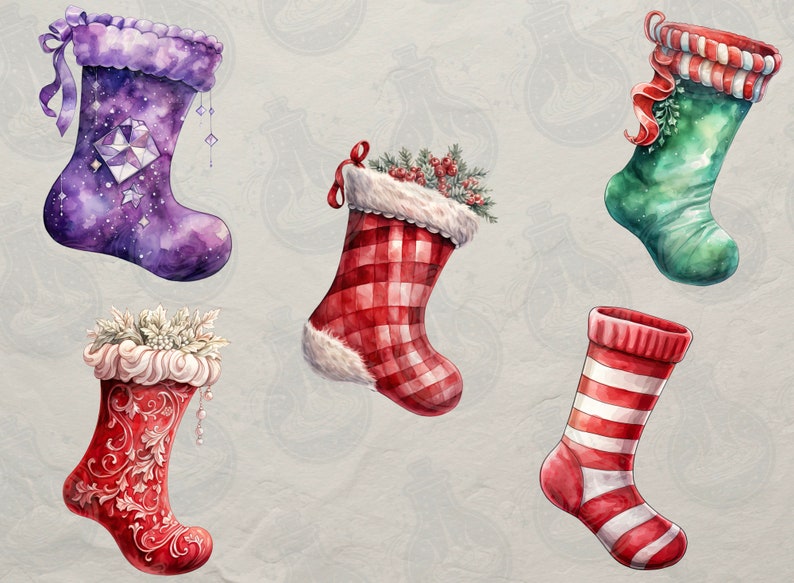30 Watercolor Christmas Stocking Clipart, Elegant Holiday, Christmas ...