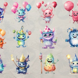100 Watercolor Cute Party Monster Clipart, Birthday Party, New Year ...