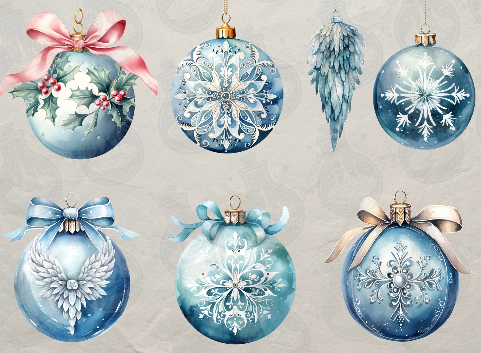 40 Watercolor Blue Christmas Tree Ornaments Clipart, Elegant Holiday ...
