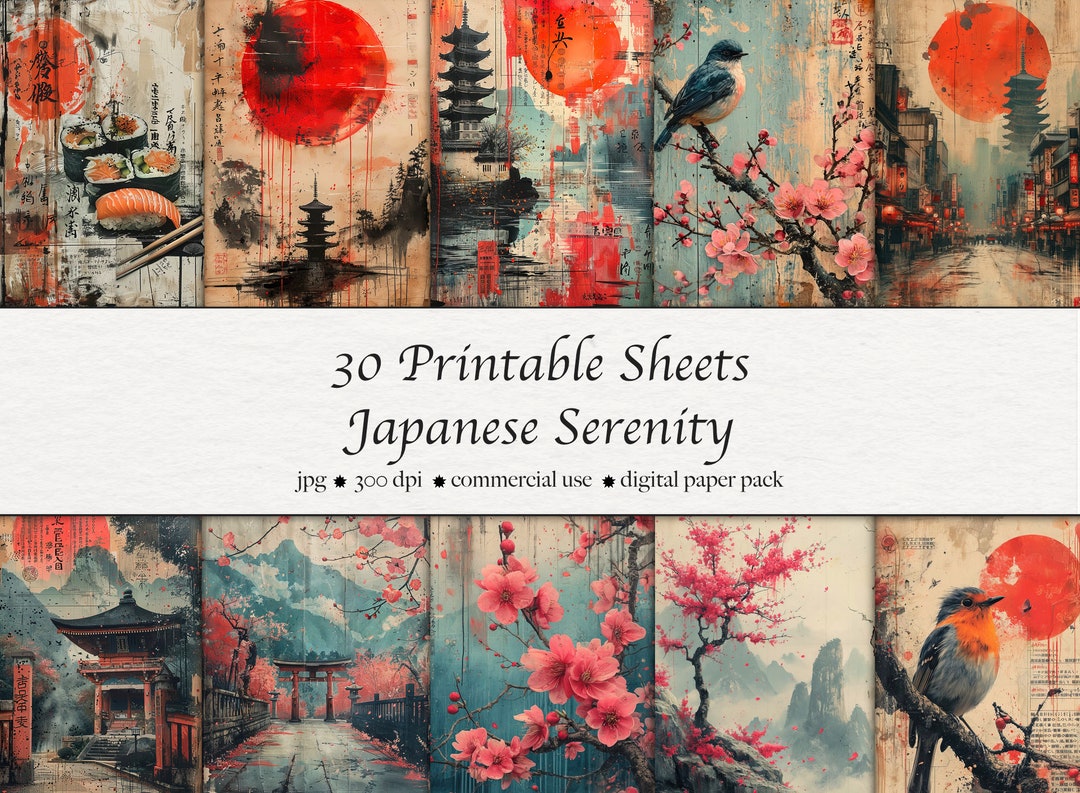 Printable Paper, 30 Sheets, Japanese Serenity, Sakura, Distressed ...