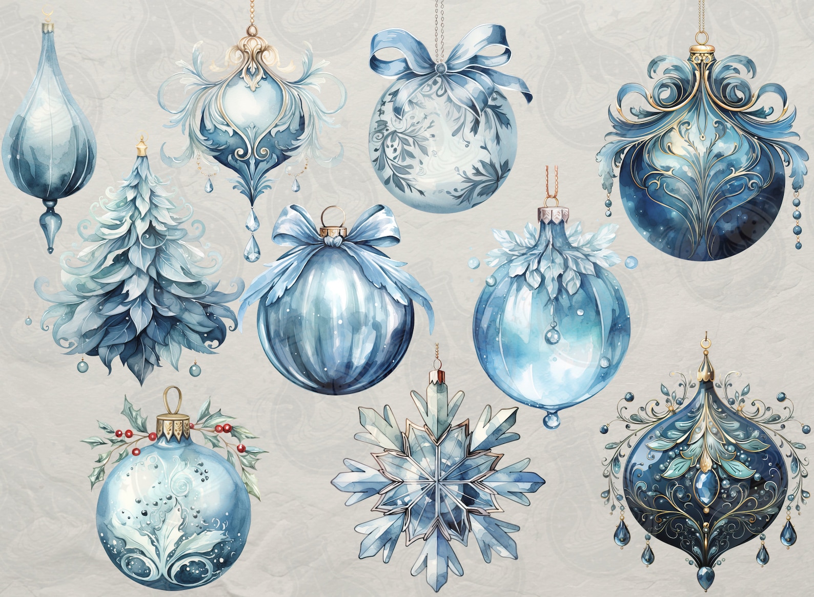 40 Watercolor Blue Christmas Tree Ornaments Clipart, Elegant Holiday ...