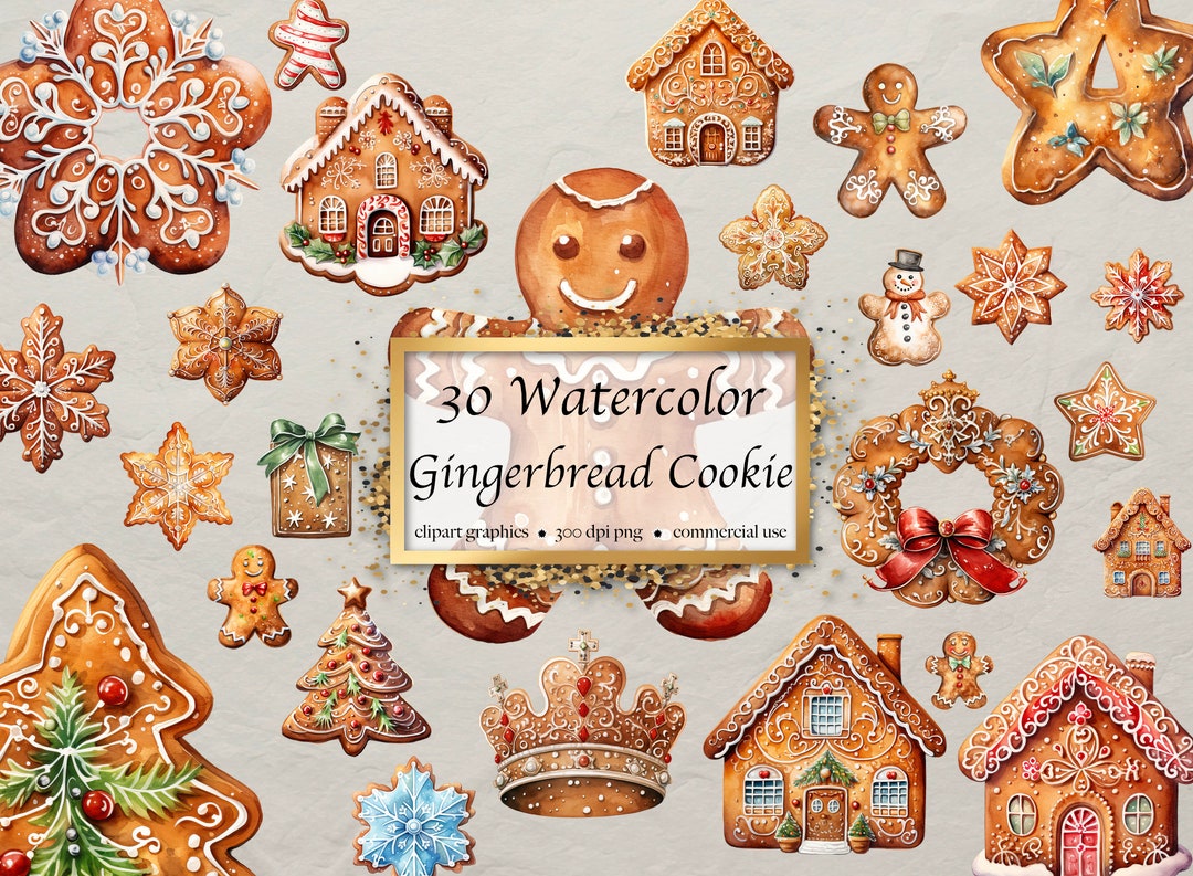 30 Watercolor Gingerbread Cookie Clipart Festive Bakery - Etsy