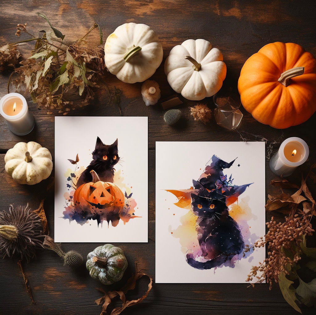 Watercolor Black Cat Halloween Clipart Bundle of 20, Witch Cat, Witch ...
