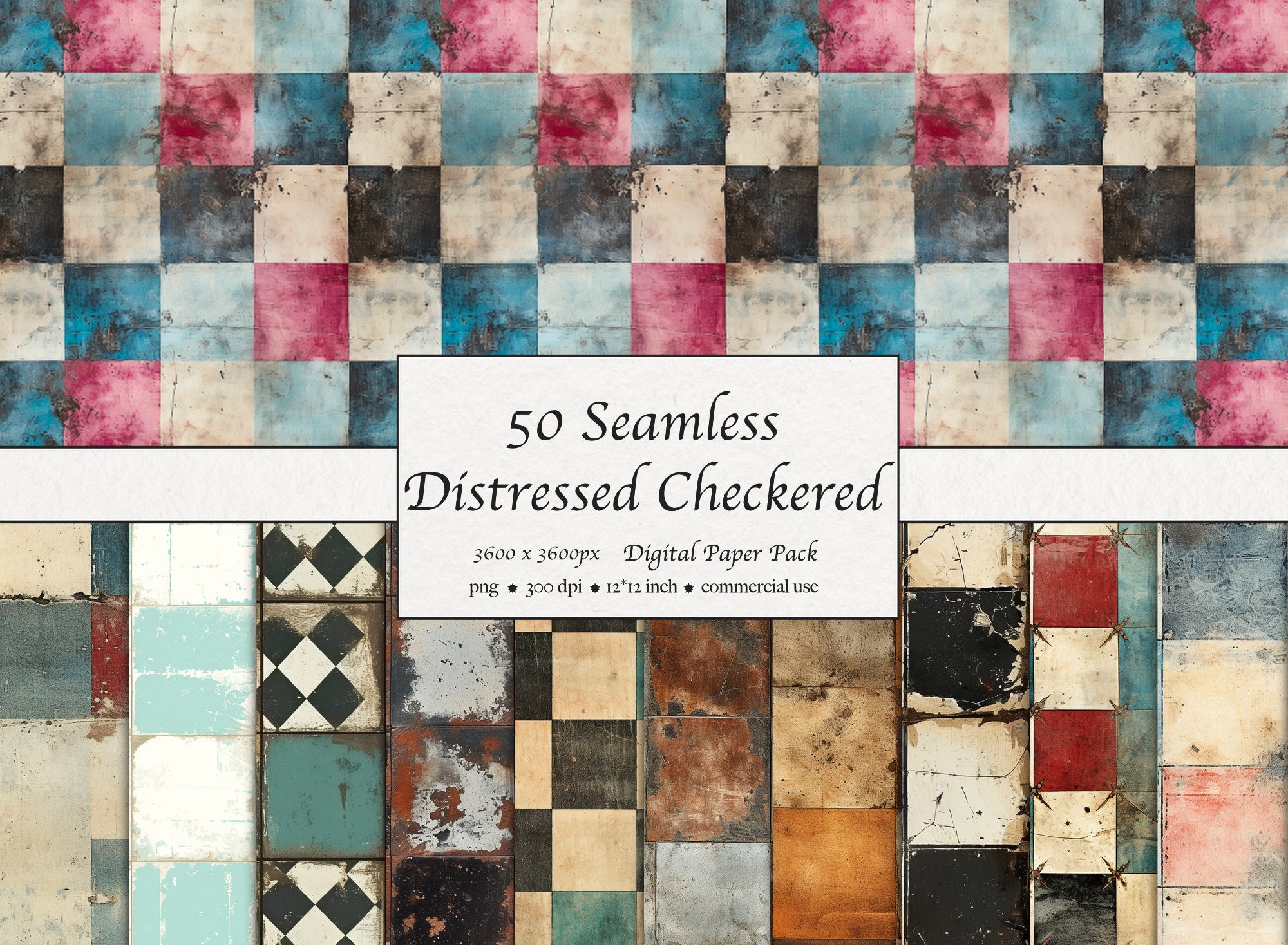 50 Seamless Distressed Checkered Pattern, Digital Paper Pack, Texture ...