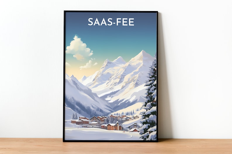 Saas-fee Travel Illustration, Ski in Switzerland Souvenir Poster, Swiss ...