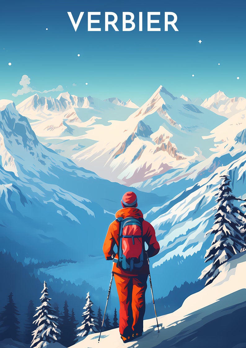 Art Digital Print Verbier, Alps Mountains Landscape Poster, Retro ...