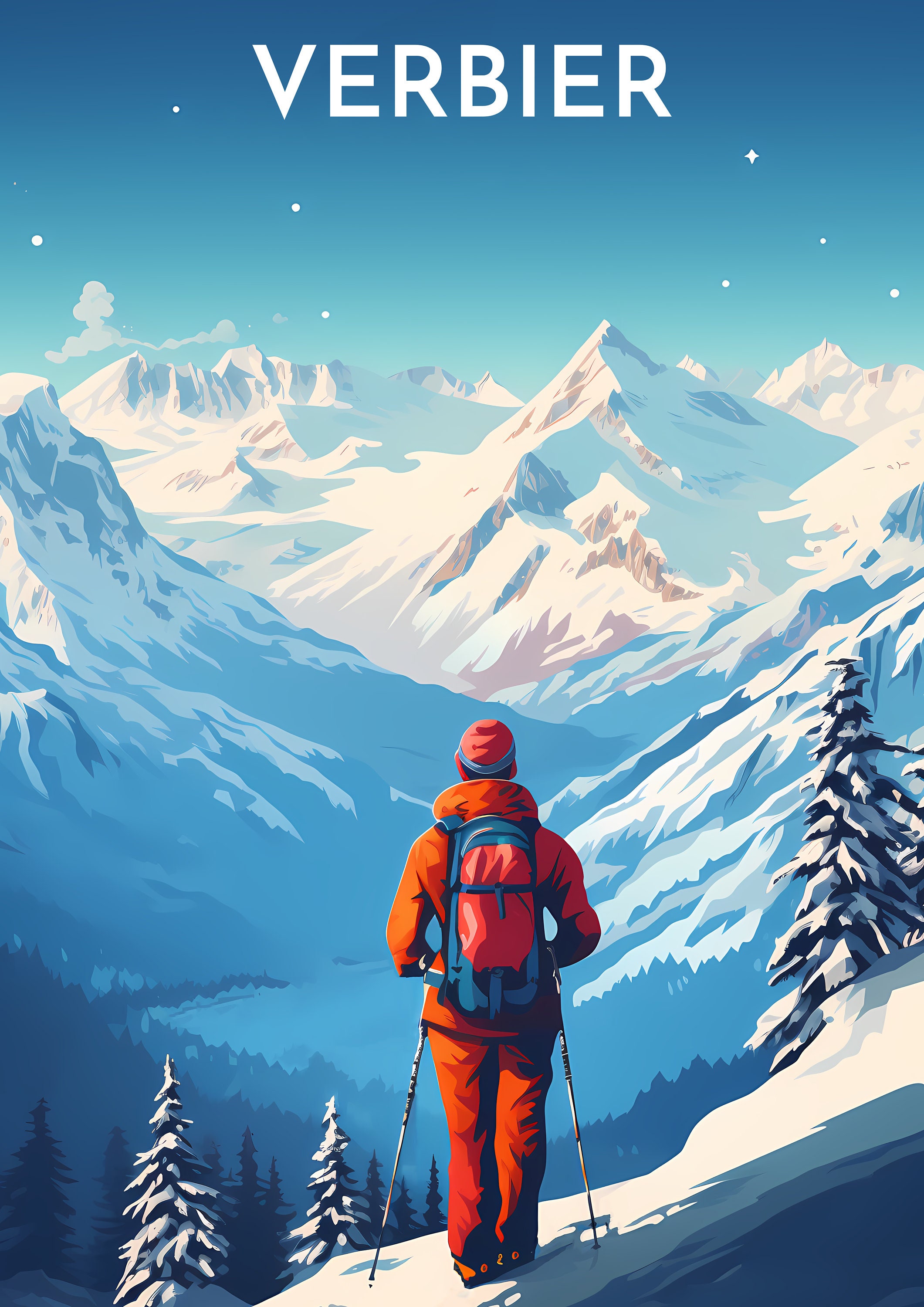 Art Digital Print Verbier, Alps Mountains Landscape Poster, Retro ...