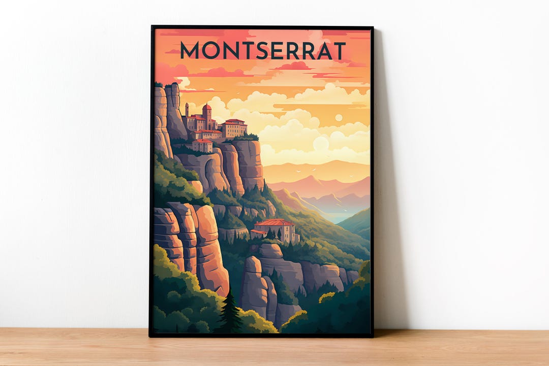 Montserrat Travel Illustration, Montserrat Mountain Souvenir Poster ...