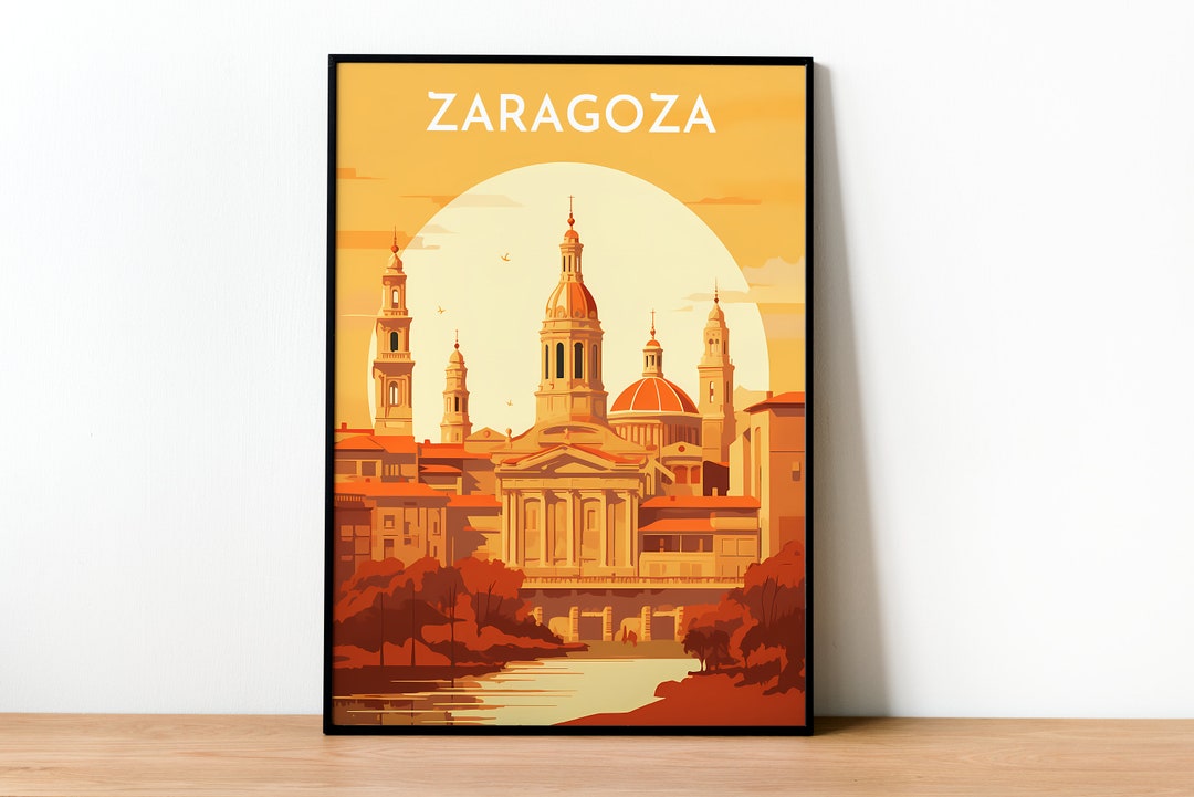 Zaragoza Travel Illustration, Tourism Souvenir Poster in Aragon, Plaza ...