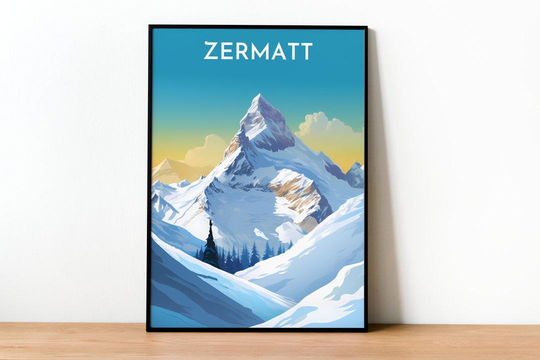 Zermatt Travel Illustration, Ski in Switzerland Souvenir Poster, Swiss ...