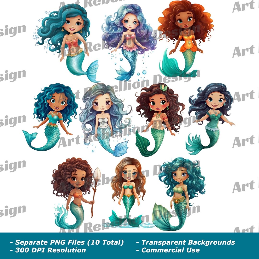 Mermaid Clipart – Colorful PNG Graphics, Commercial Use (instant ...